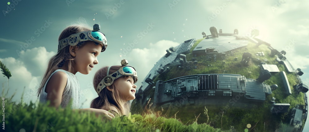 Happy children of the future who use green technologies Stock Photo ...