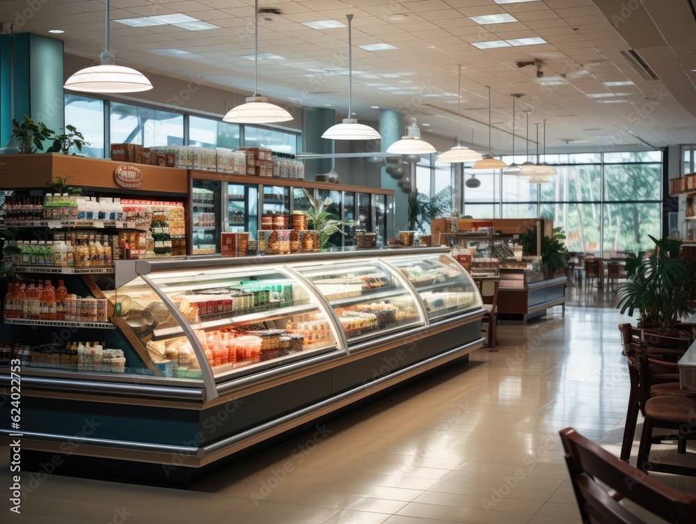 Supermarket store interior with shelves and display cabinet glass, a ...