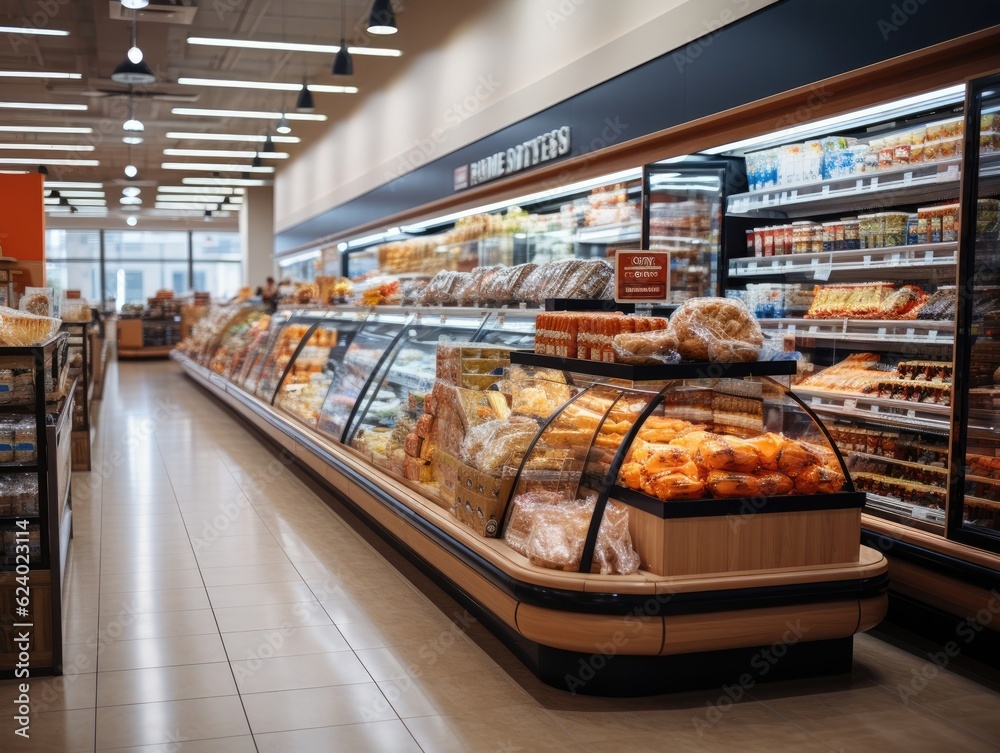 Supermarket store interior with shelves and display cabinet glass, a ...