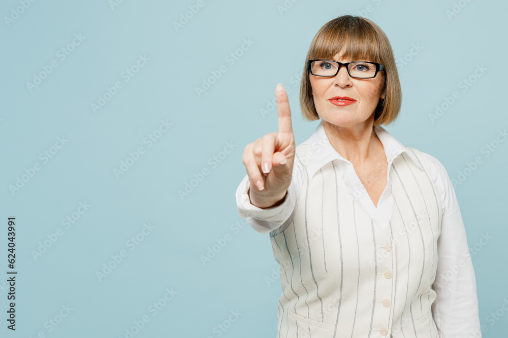 Employee business woman 50s wears white classic suit glasses formal ...