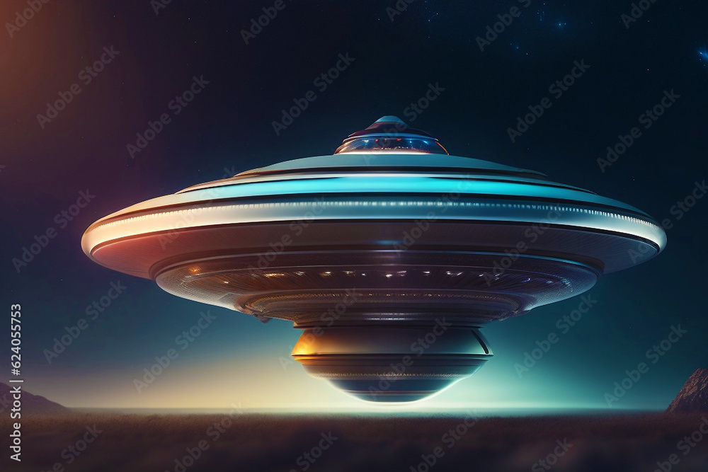 UFO flying over planet Earth, mountain. starry night sky background ...