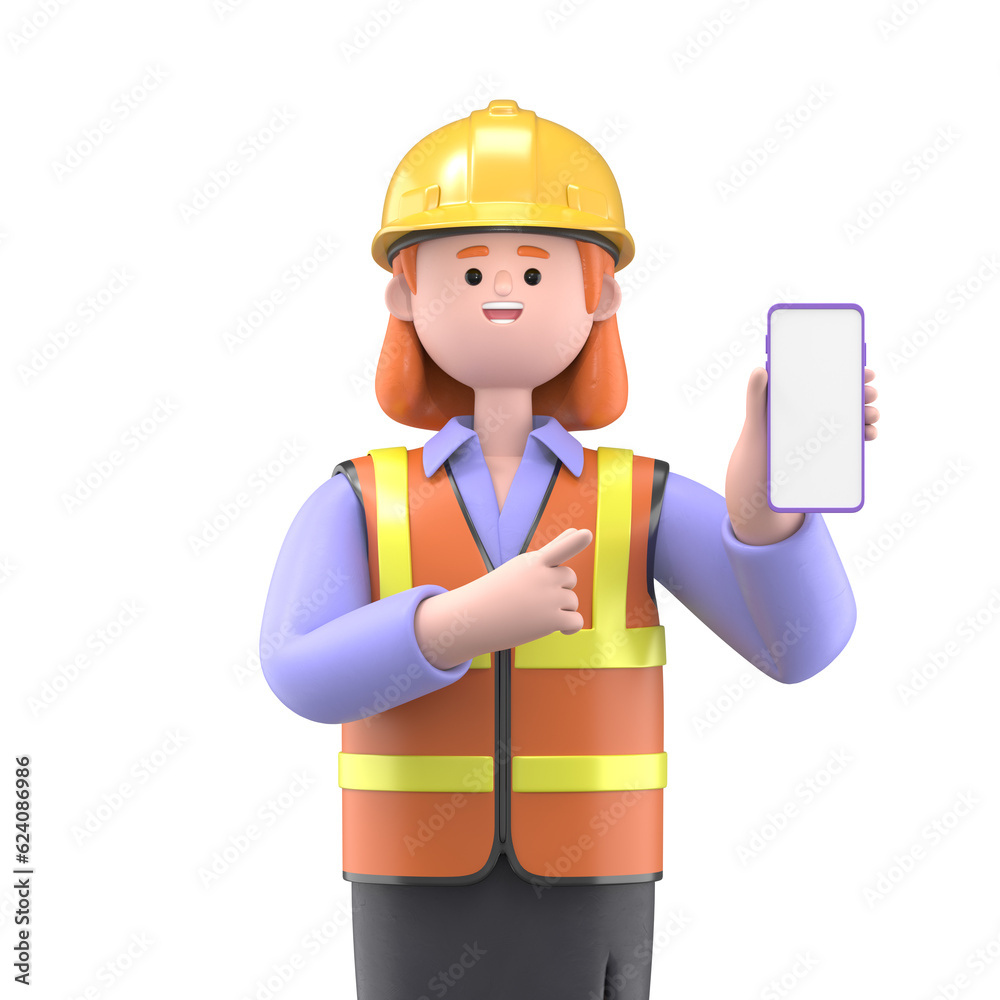 3D illustration of a Female engineer Pam holding smartphone and showing ...