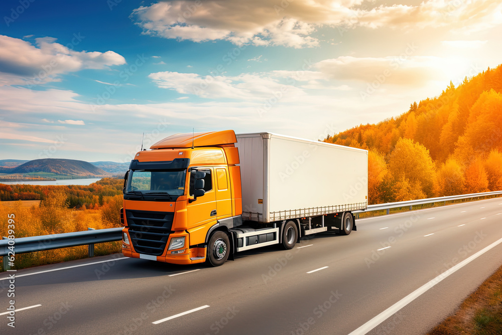 Semi trailer truck driving on highway road. Shipping container trucks ...