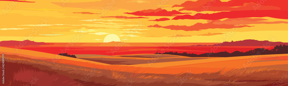 fiery sunset over a prairie vector simple 3d smooth isolated ...