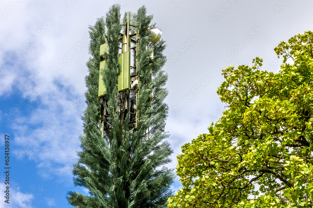 Mobile telecommunication cell tower disguised as a tree, camouflaged ...