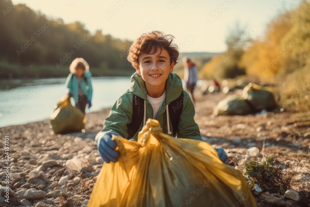Volunteers children carry bags of trash, Cleaning up nature ...