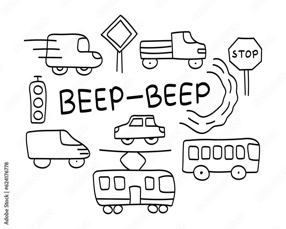 Doodle Set of City Transport. Side view. Public and private transport ...