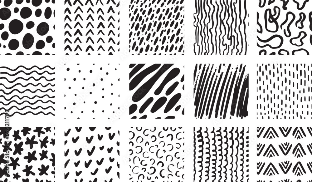 Crayon drawing textures, hand drawn ink grunge seamless pattern kit ...