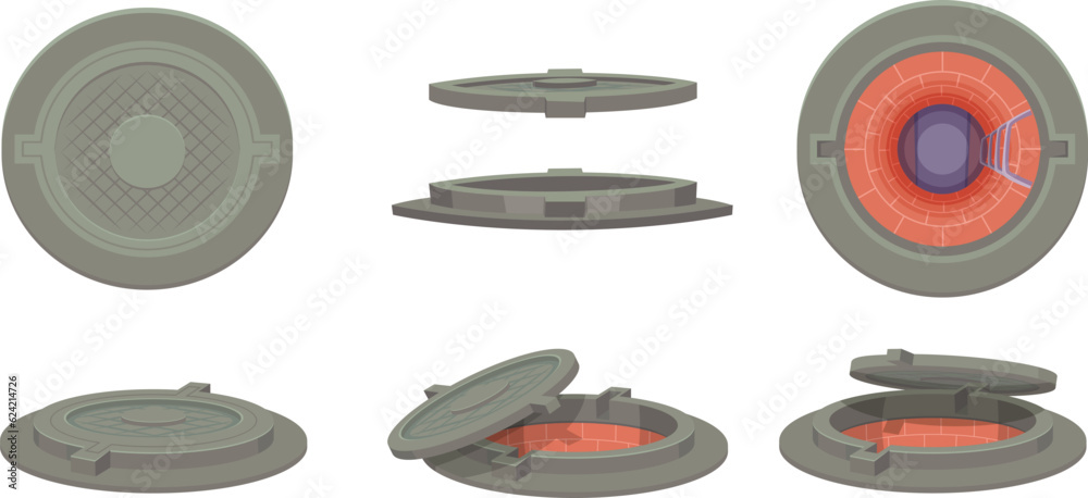 Sewer manhole. Open and closed round steel manhole for urban street ...