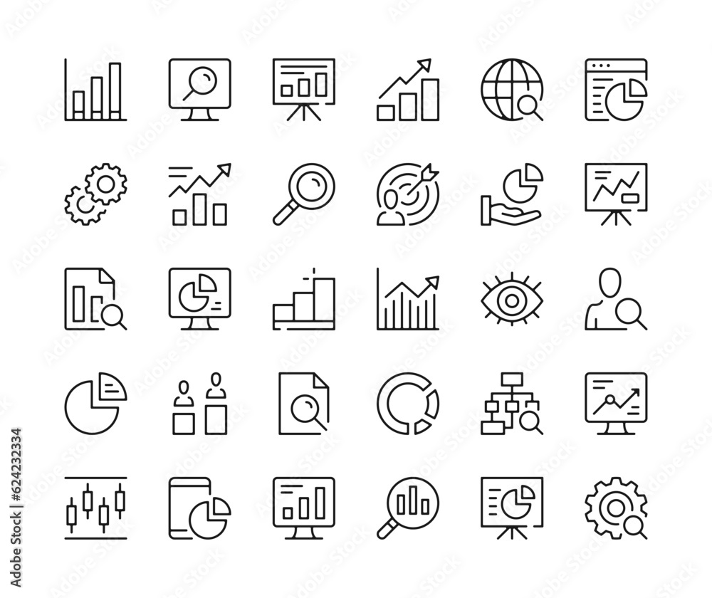 Data analysis. Vector line icons set. Data research, statistics ...