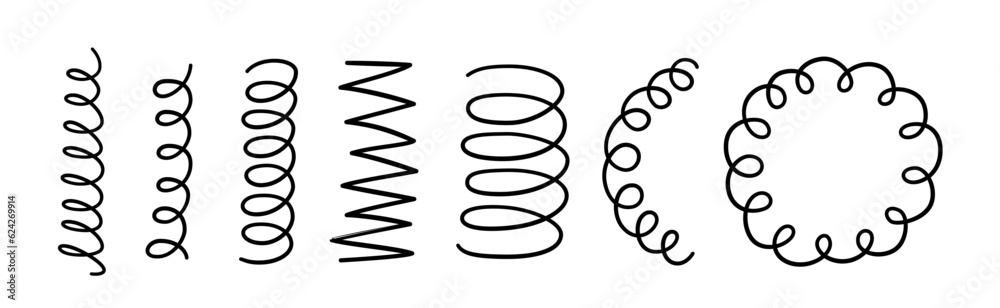 Hand drawn spiral springs set. Doodle flexible coils, wire spring ...