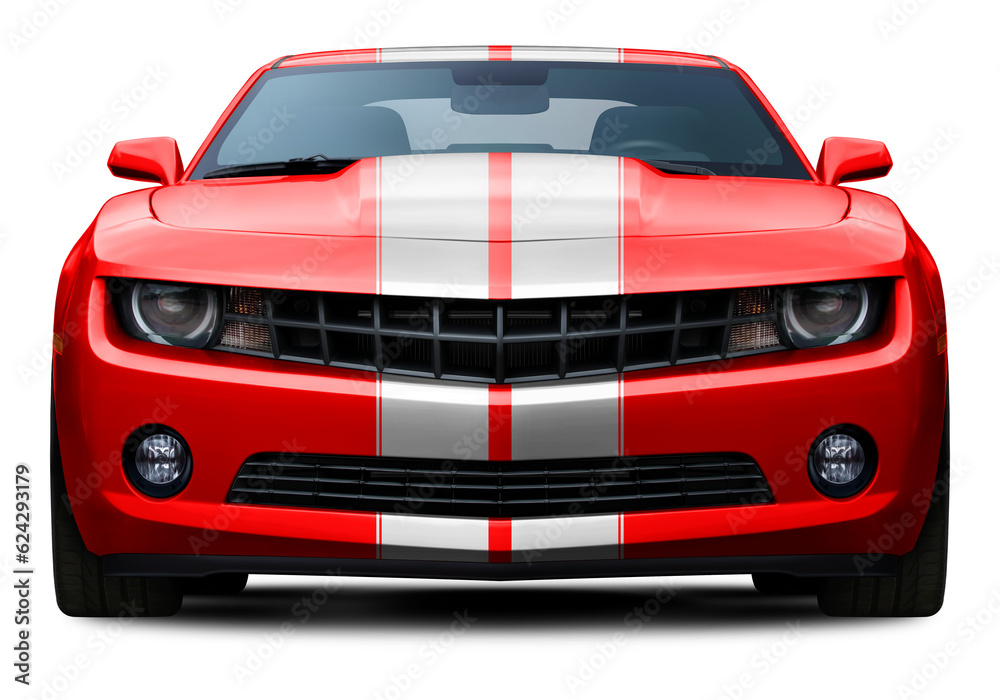 Powerful American red muscle car front view. With white stripes in the ...