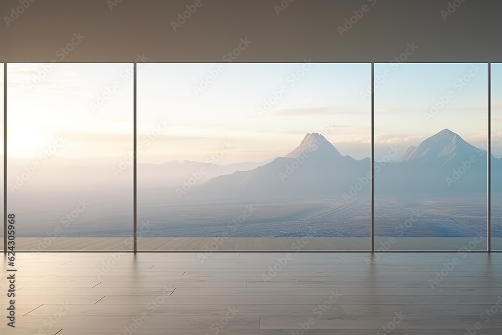 Cinematic still, minimalist room with a sky, floor to ceiling windows ...