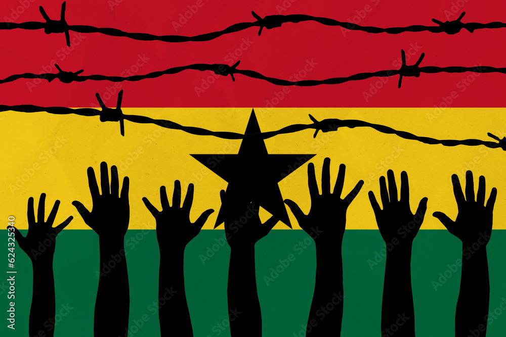 Ghana flag behind barbed wire fence. Group of people hands. Freedom and ...