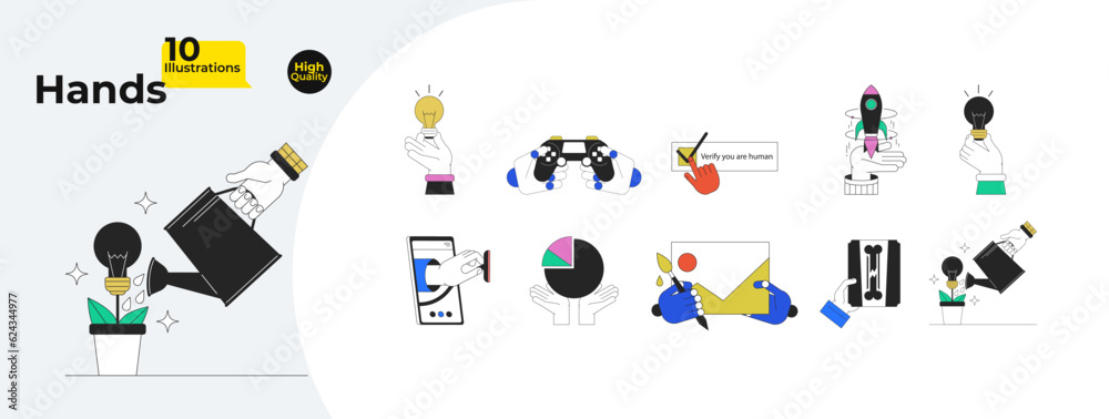 Hands holding lot of things flat line color isolated vector objects ...