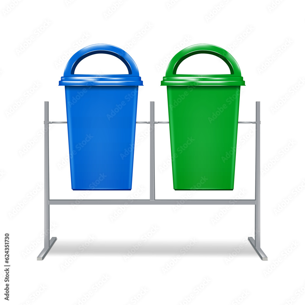 Dual green and blue industrial dustbin stand vector mockup. Color ...