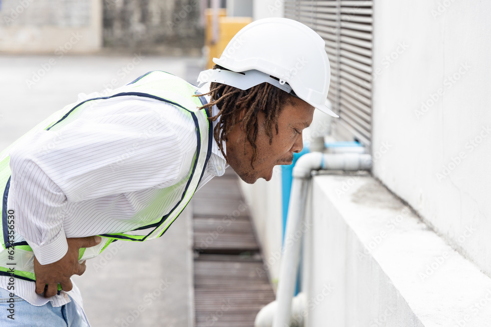 Vomiting Male African engineer worker having nausea, stomachache, belly ...