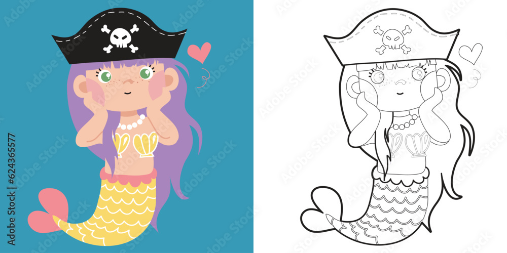 Coloring page the cute mermaid with pirate hat. Kawaii mermaid cartoon ...