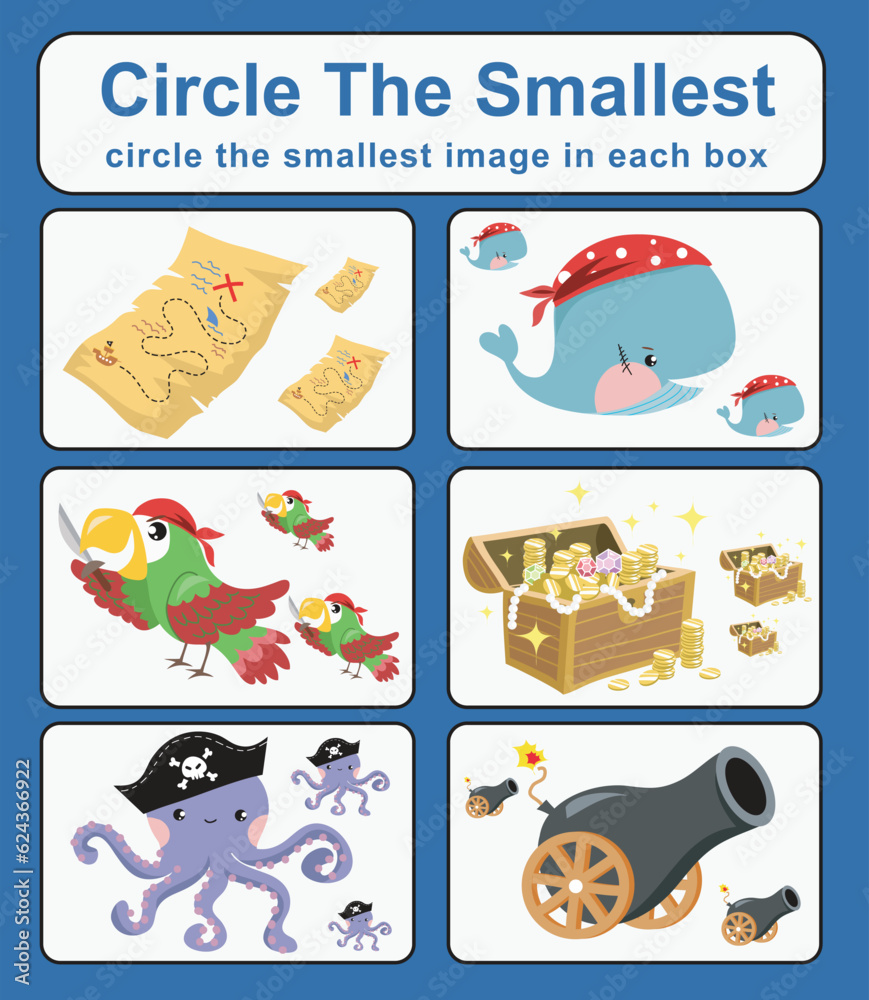 Educational game for children. Circle the smallest object in each box ...