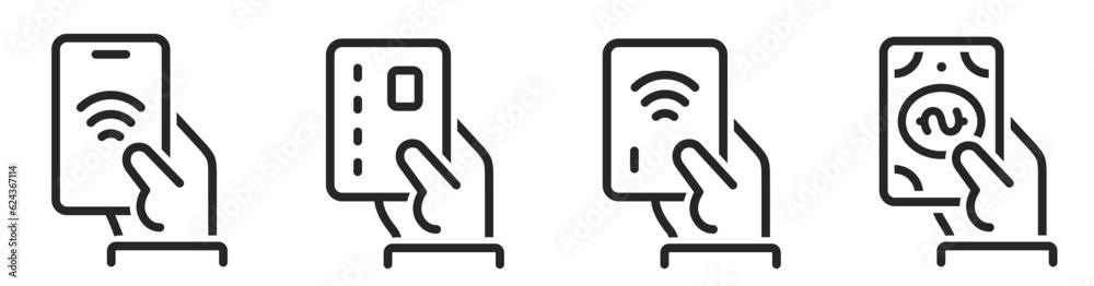 Payment options icons set. NFC payment with mobile phone, debit-credit card, NFC payment and ...