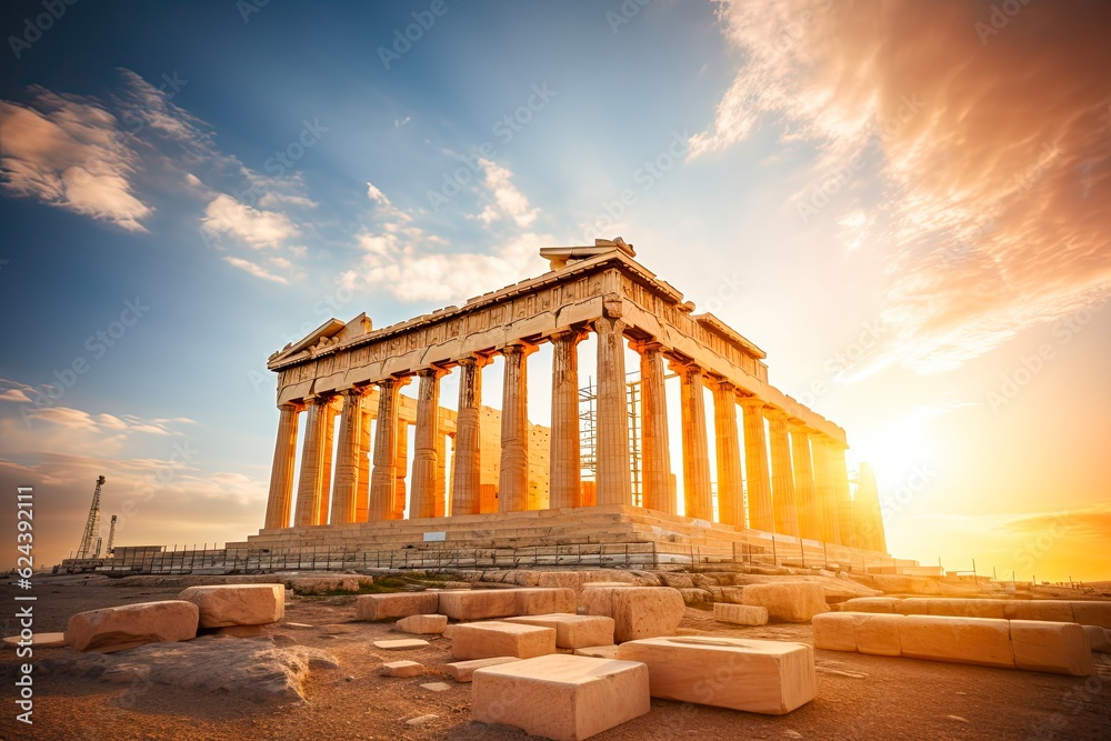 Sunset Colors over Parthenon, Athens: A Breathtaking View of Ancient Greek Temple with Iconic ...