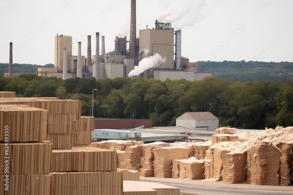 pulp and paper mill, with towering stacks of raw materials in the ...