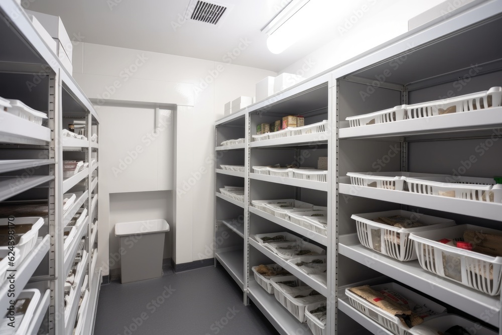 walk-in fridge with shelves, bins and baskets for storing food items ...