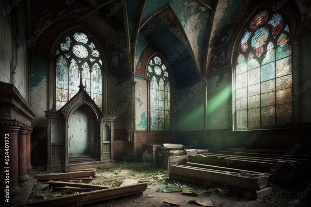 creepy abandoned church with broken stained glass windows and fallen ...