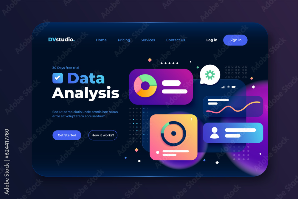 Landing page template of Data Analysis tool. Online marketing ...