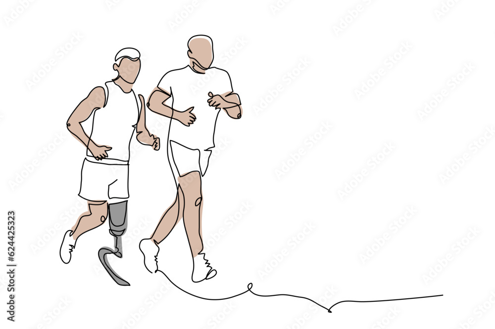 Disabled man runs on prosthesis with his friend. Man with prosthetic ...