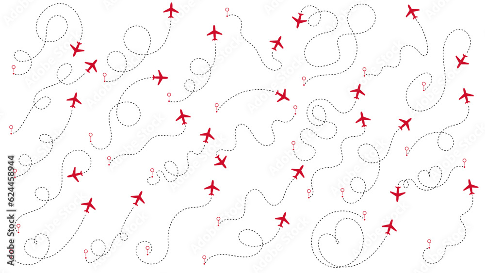 Airplane or aeroplane routes path set. Travel concept from start point ...