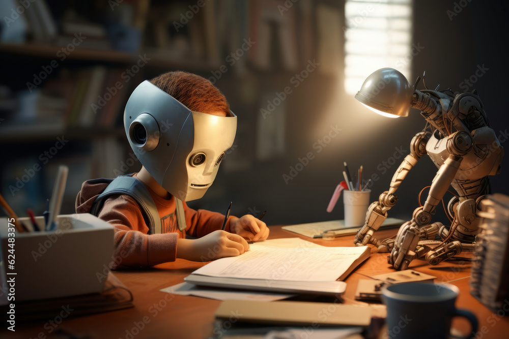 Little student fascinated by robots. Robot assisting in leasrning. Boy ...