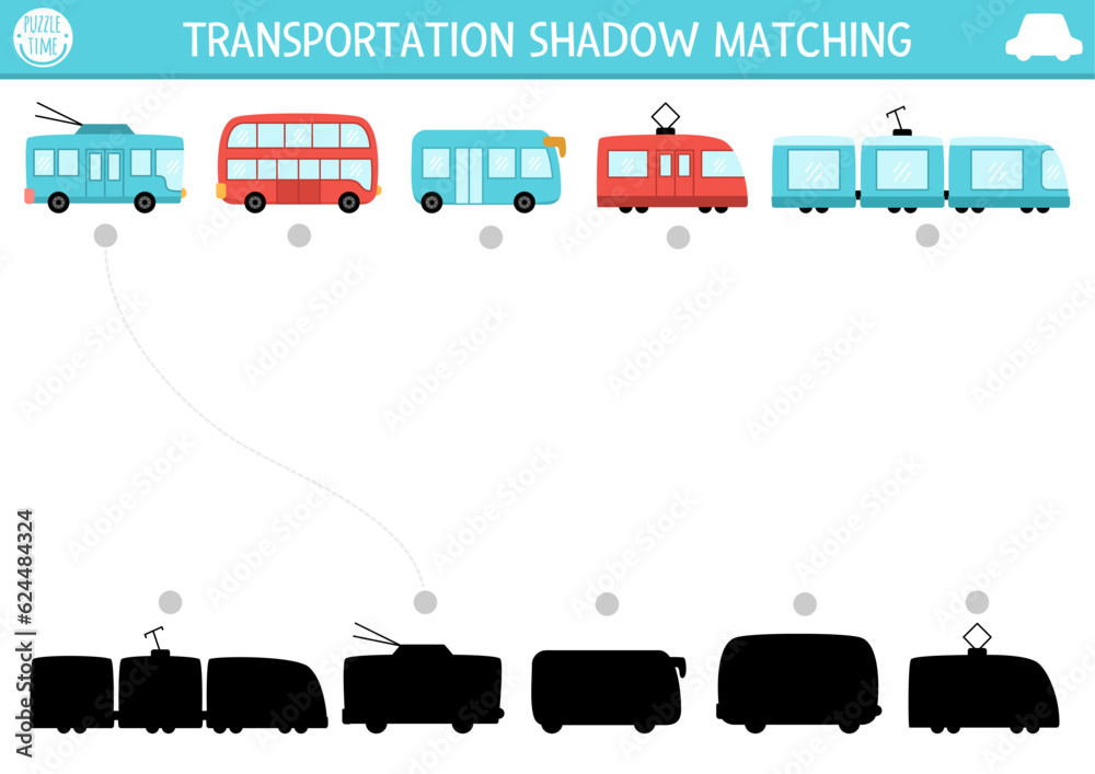 Transportation shadow matching activity. Public transport puzzle with ...