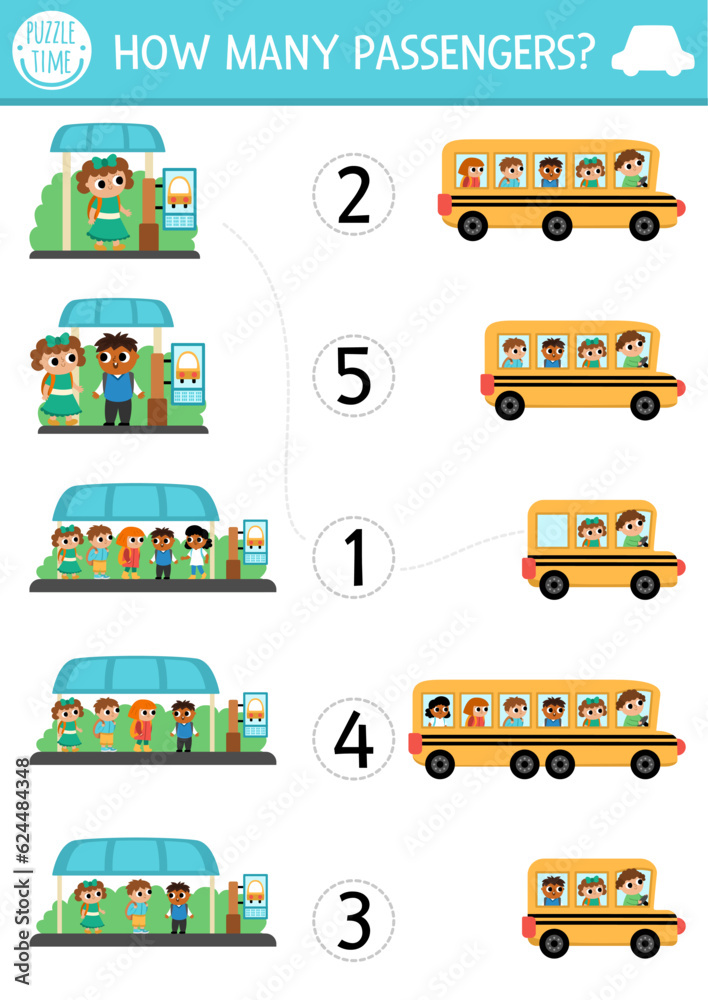 Match the numbers transportation game with school bus. City transport ...