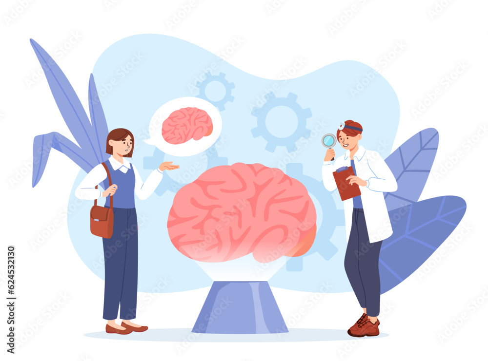 Young girl with pain head concept. Woman with specialist examines brain ...