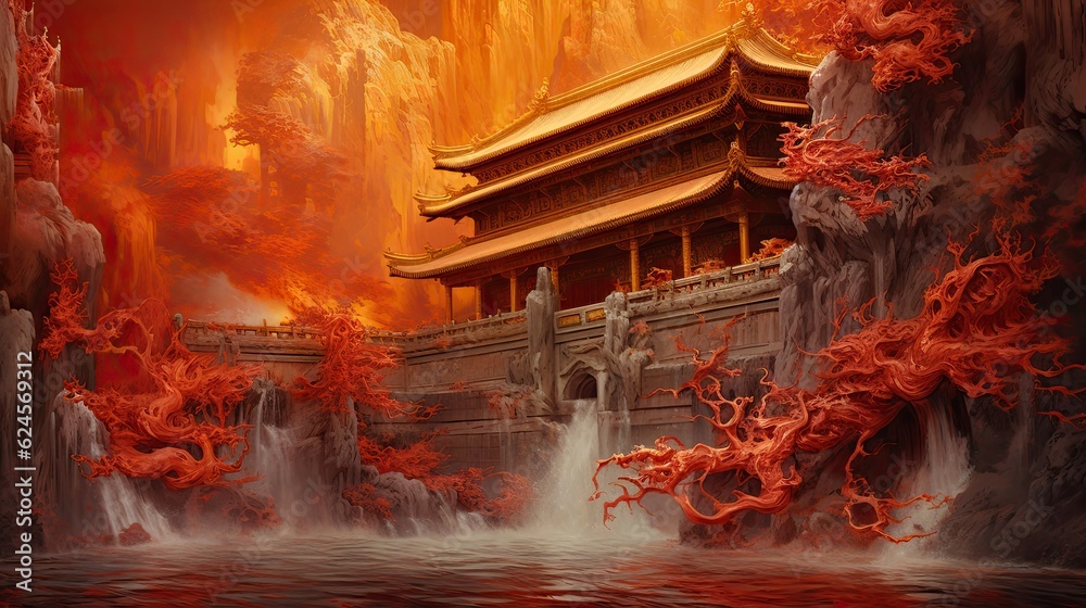 Otherworldly Underground Lost Chinese Palace in a Dark Red Forest ...