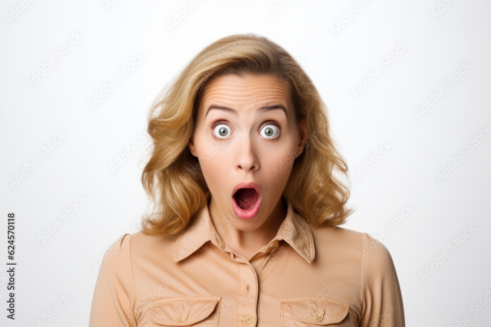 a beautiful blonde woman expressing surprise and shock emotion with her mouth open and big wide ...