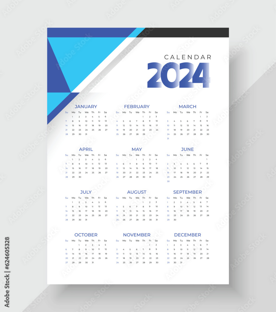 Wall Calendar 2024 Template Design. Print Ready One Page wall calendar ...