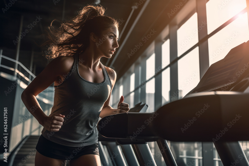 Portrait of beautiful woman working out at gym, running on treadmill ...