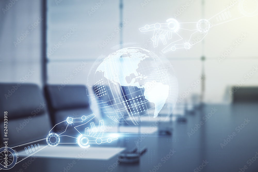 Abstract virtual robotics technology sketch with globe on a modern ...