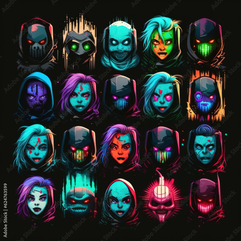Cyberpunk neon digital artwork icons set. Interface navigation elements ...