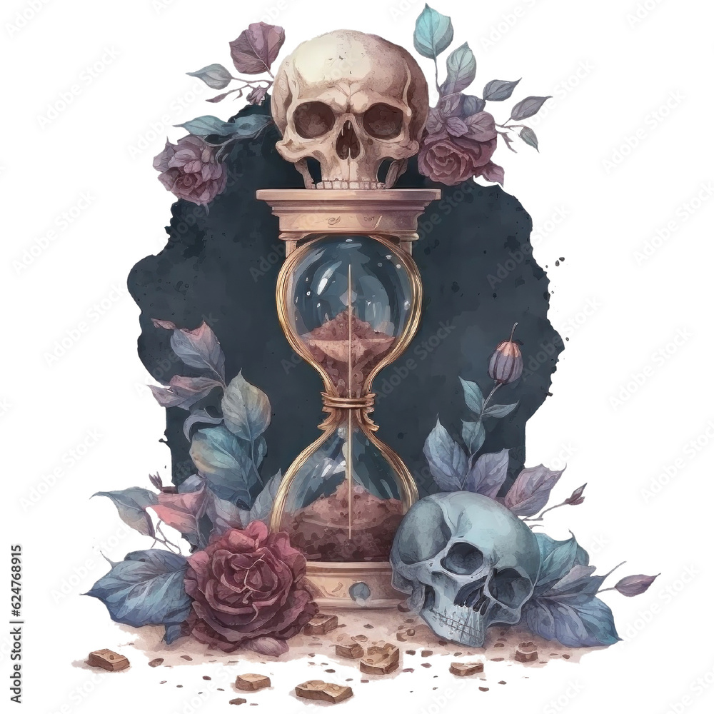Death hourglass with skulls and roses, Dark Academia watercolor ...
