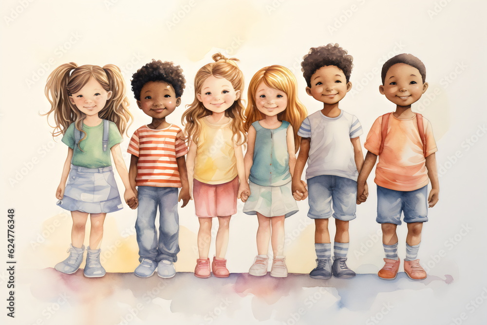 diverse kids holding hands in a line, watercolor painting on white ...