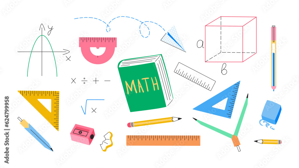 School supplies for math set. Writing tools, pencil, pen, rulers ...