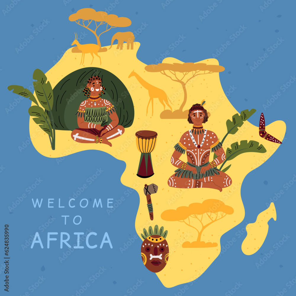 Cartoon African map. Welcome to Africa. Tribe people characters ...