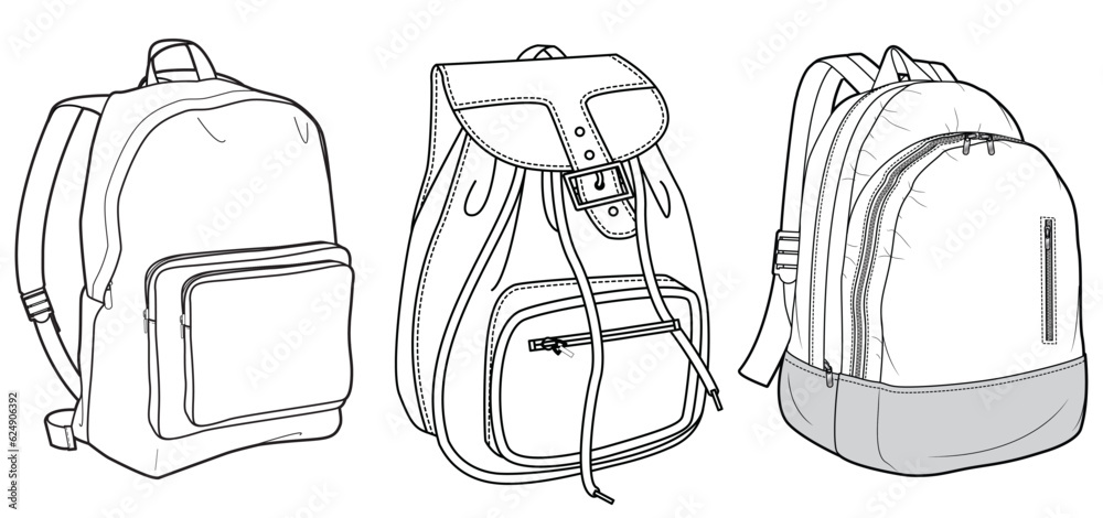 Set of Backpack bag flat sketch fashion illustration drawing template ...