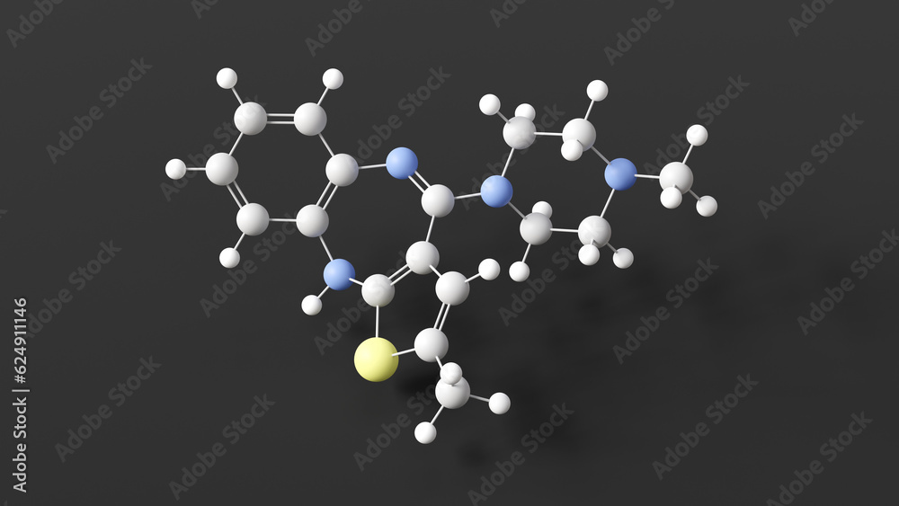 olanzapine molecule, molecular structure, atypical antipsychotics, ball and stick 3d model ...