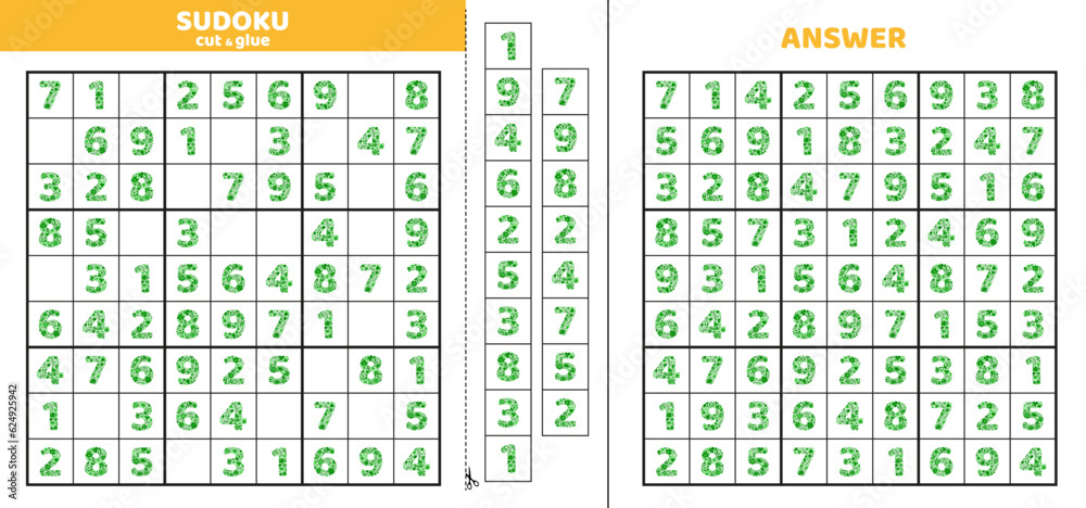 Sudoku with nine green floral numbers. Game puzzle for kids. Cut and ...