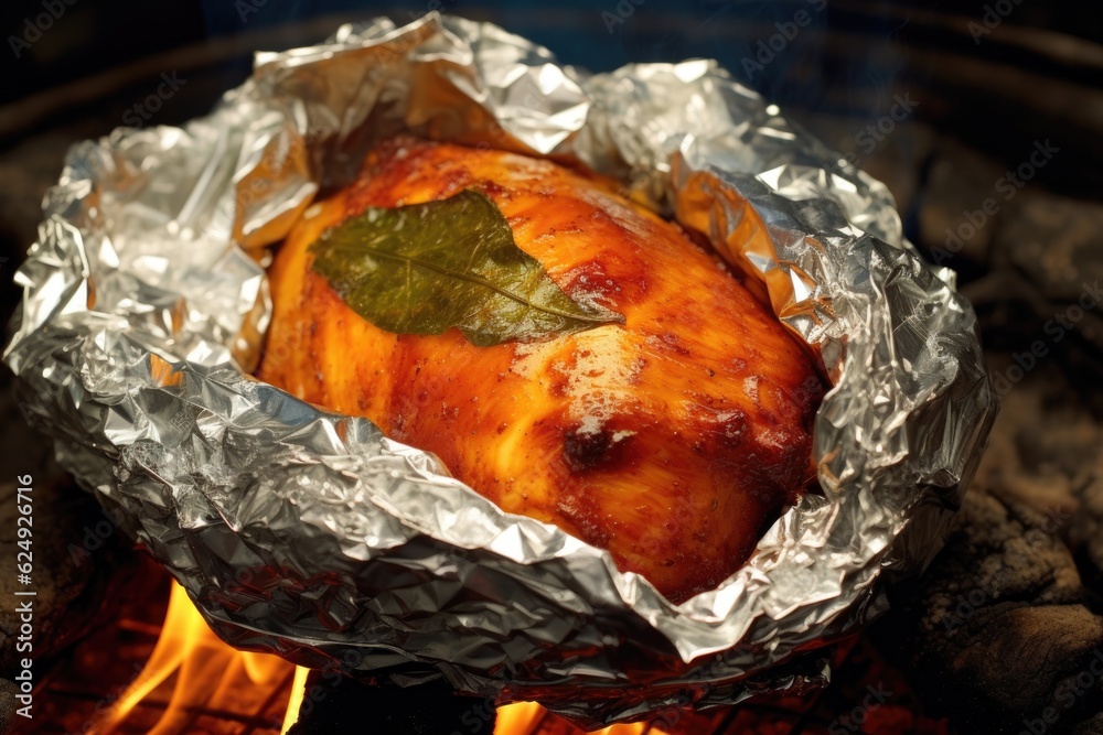 chicken wrapped in foil cooking on hot coals, created with generative ...