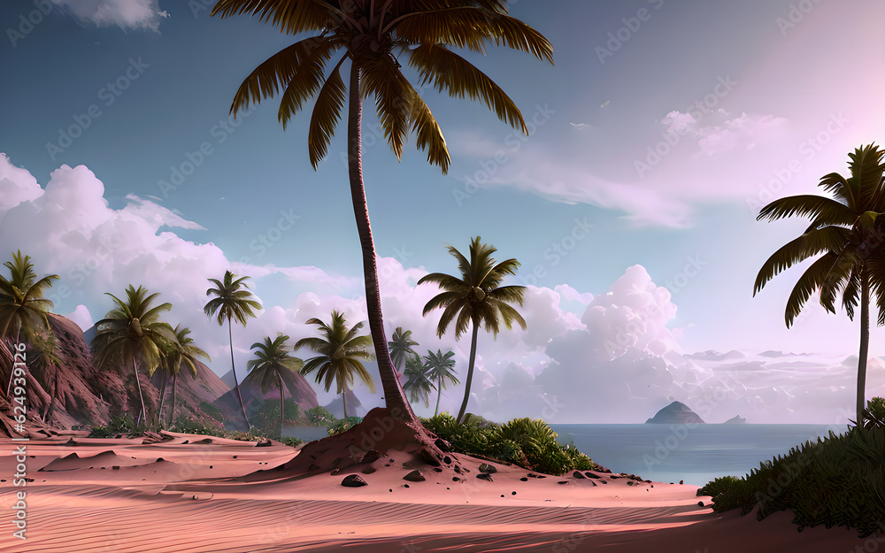 Fantasy.Painting of a beach with palm trees and sky in the background ...
